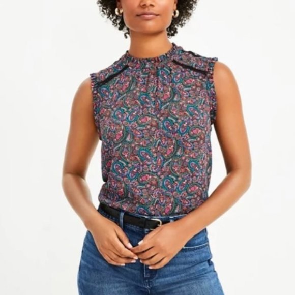 LOFT | Tops | Loft Mixed Media Paisley Shell With Ruffle Mock Neck ...